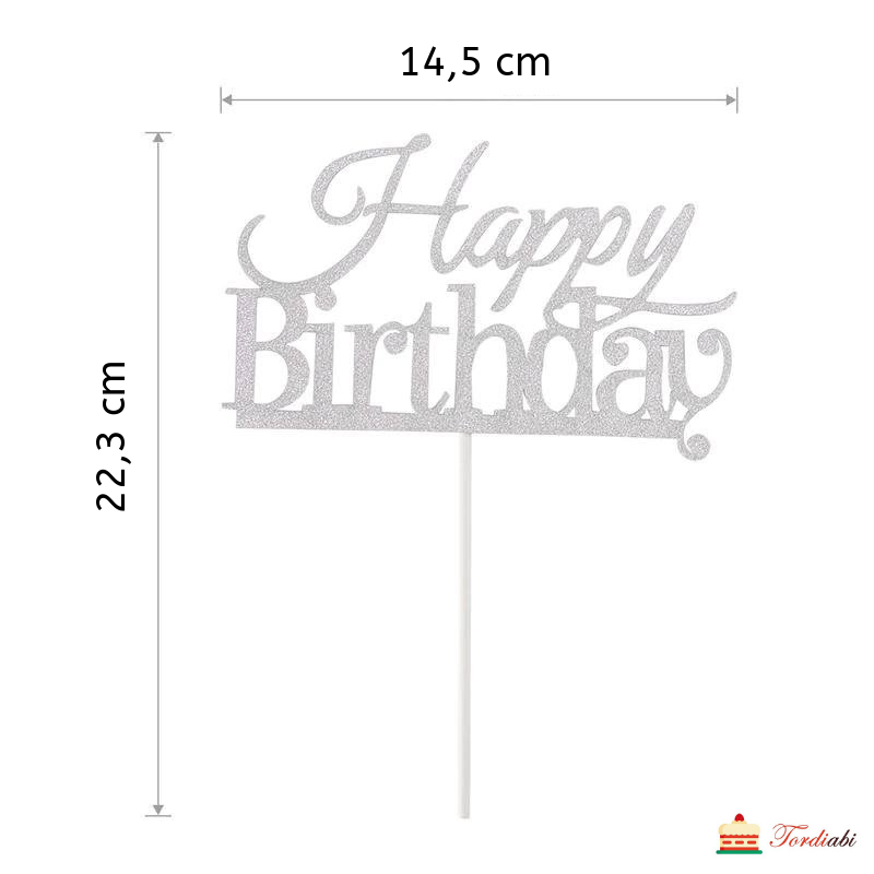 Tordi topper Happy Birthday, hõbedane, sirge alläär - Tordiabi