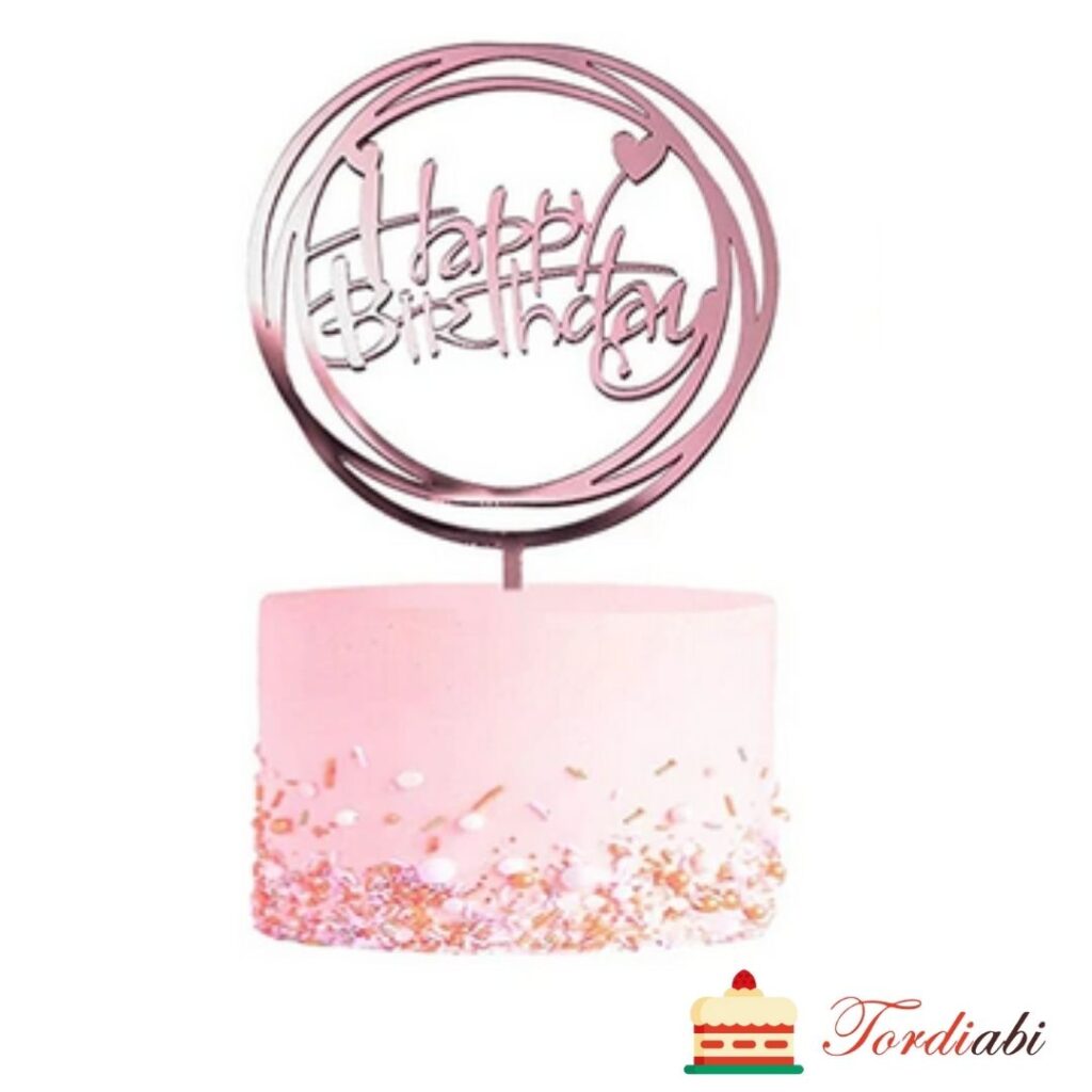 Tordi topper - Happy Birthday südametega, ringide sees, läikiv roosa ...